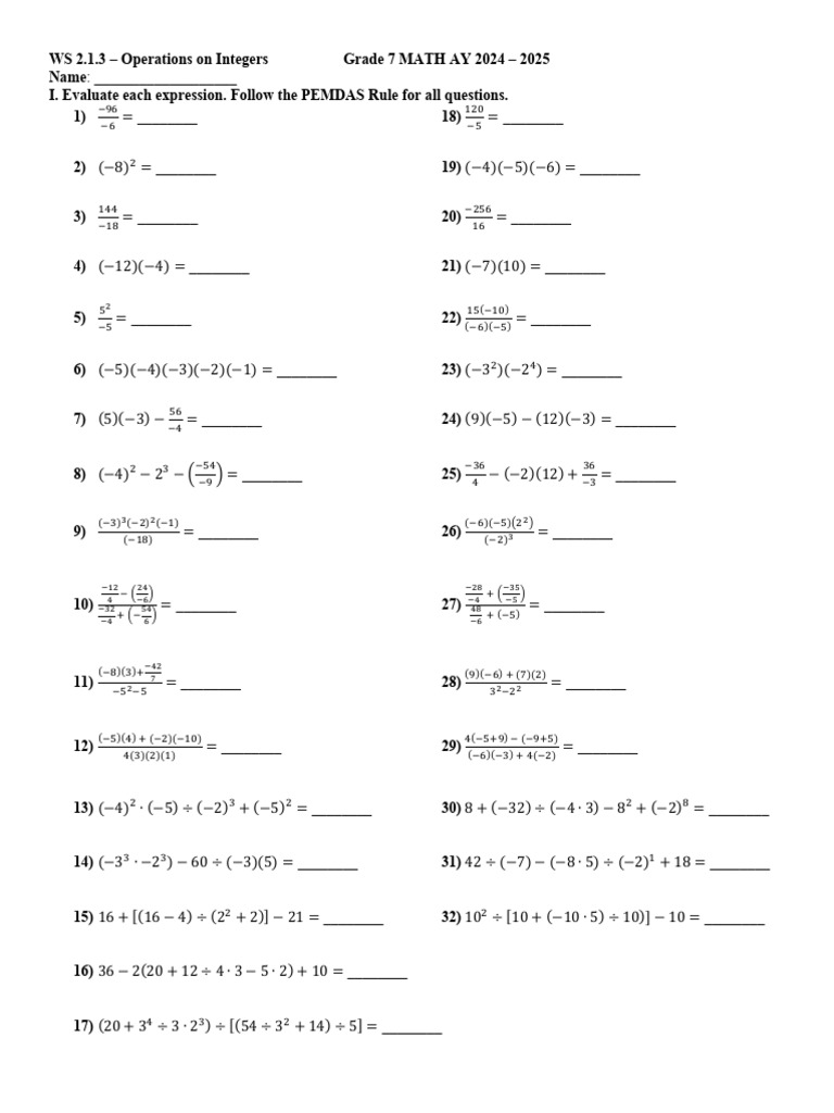 WS 2.1.3 - PEMDAS Integers | PDF | Mathematics | Computer Programming