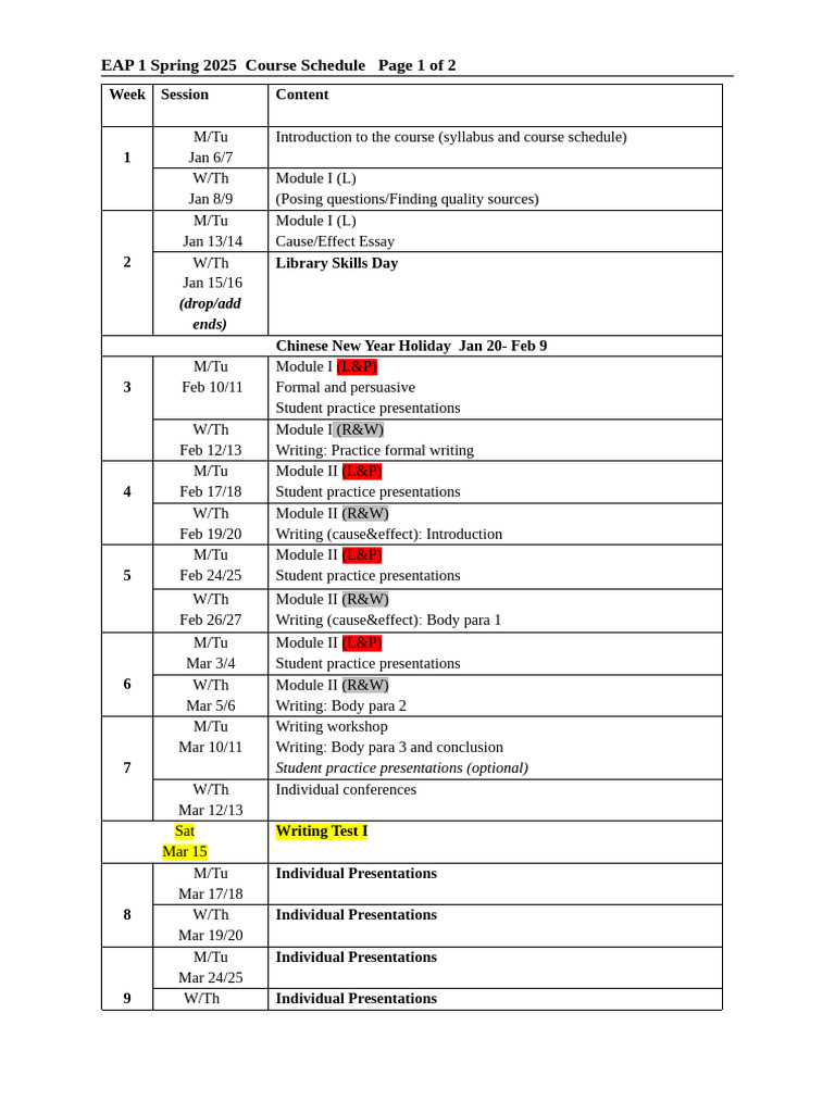 EAP 1 Spring 2025 Course Schedule | PDF