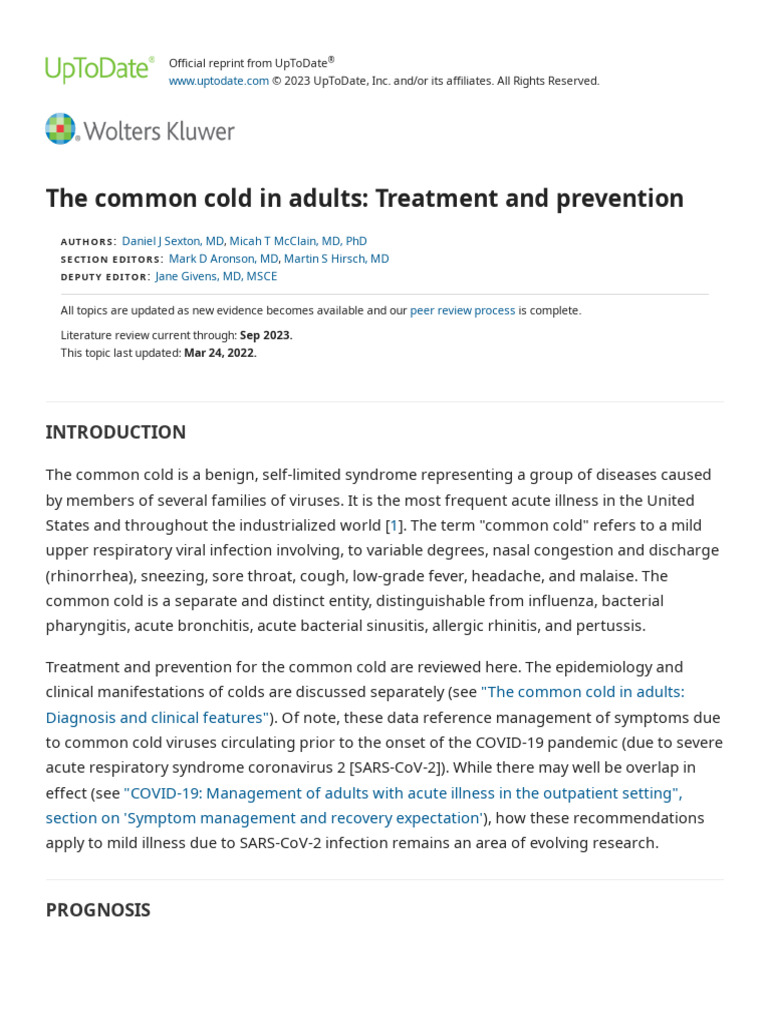 The Common Cold in Adults - Treatment and Prevention - UpToDate | PDF ...