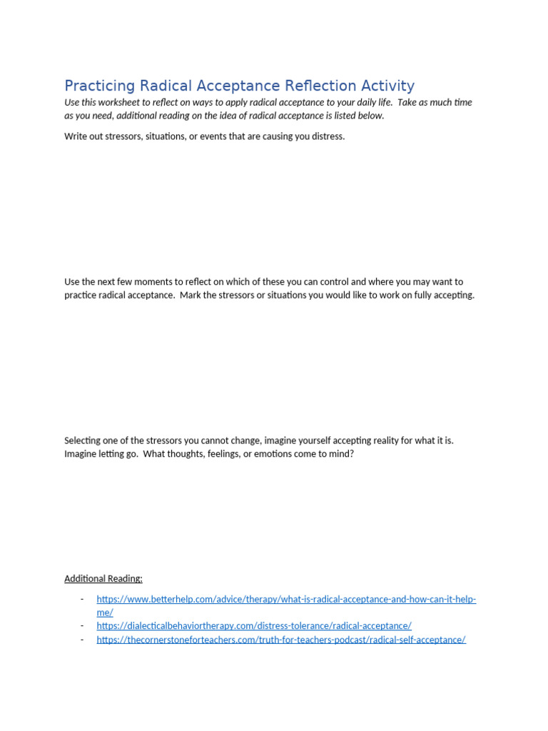 Session 1 Handout Practicing Radical Acceptance Reflection Activity | PDF