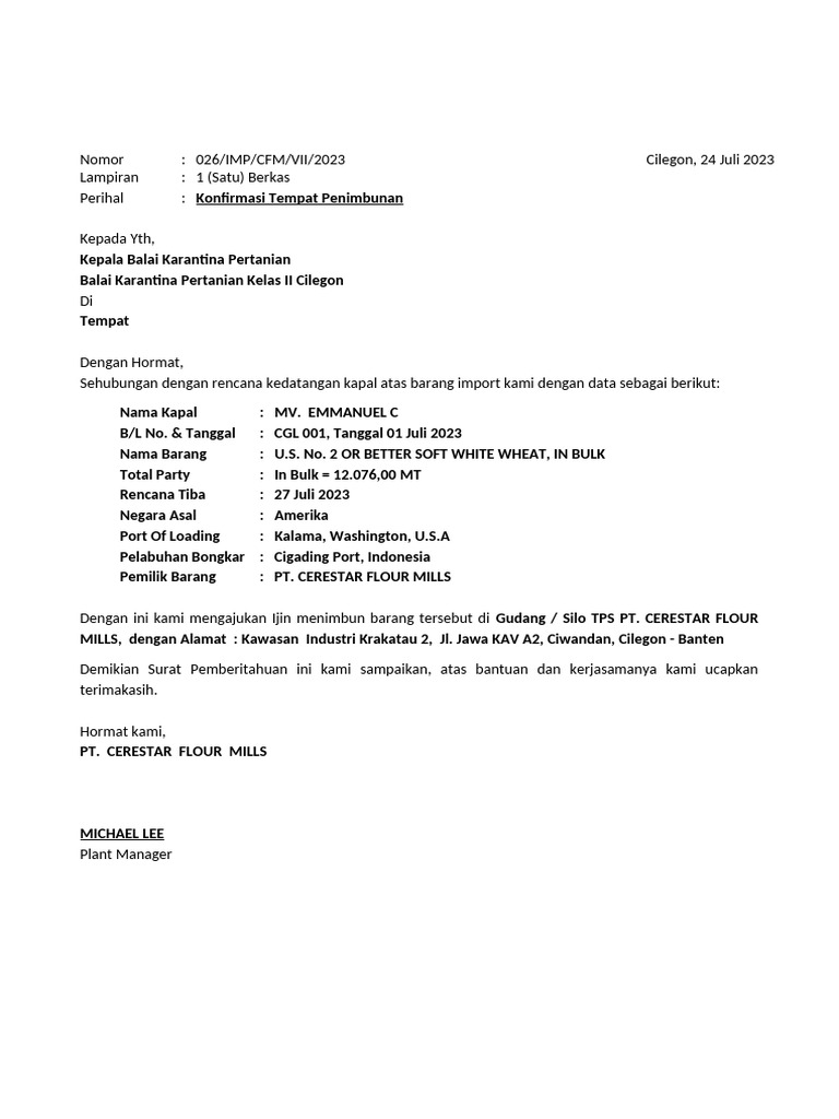 PERIJINAN MV EMMANUEL C - DI CIGADING - PT SGT-JKT | PDF