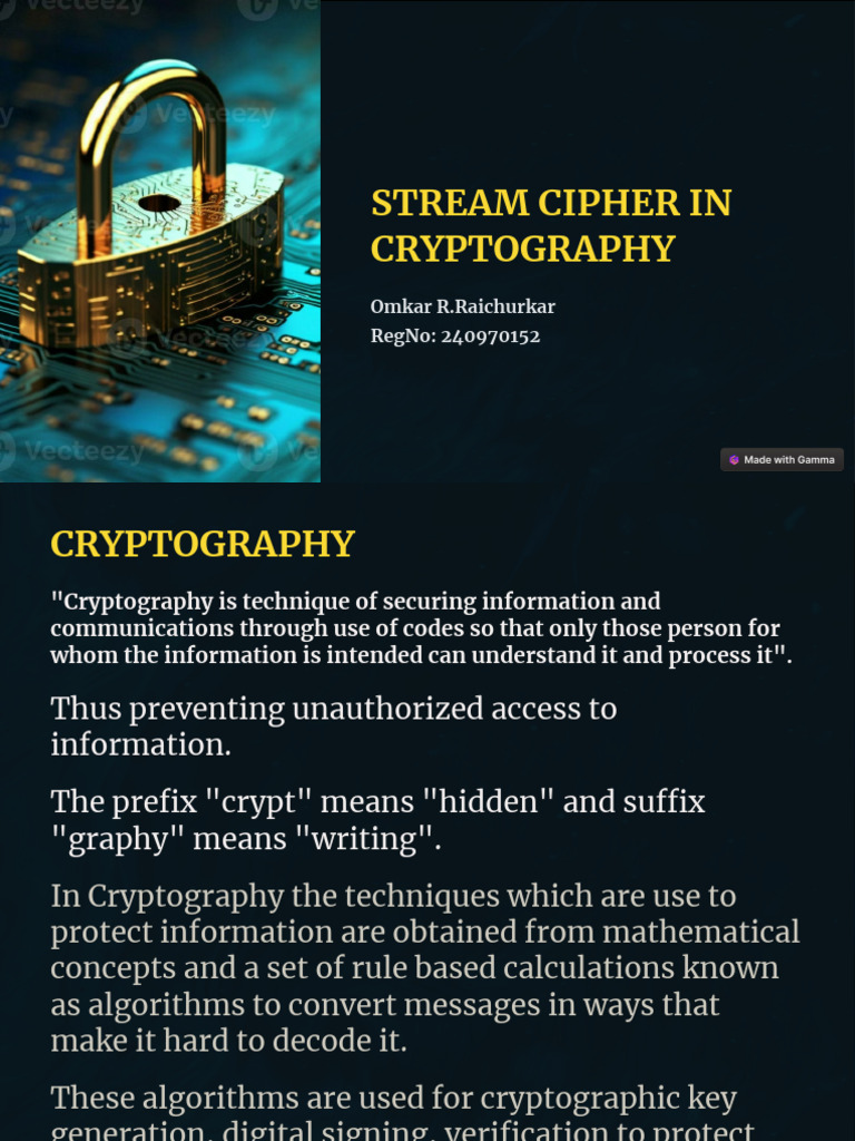 STREAM CIPHER IN CRYPTOGRAPHYpptx | PDF | Encryption | Key (Cryptography)
