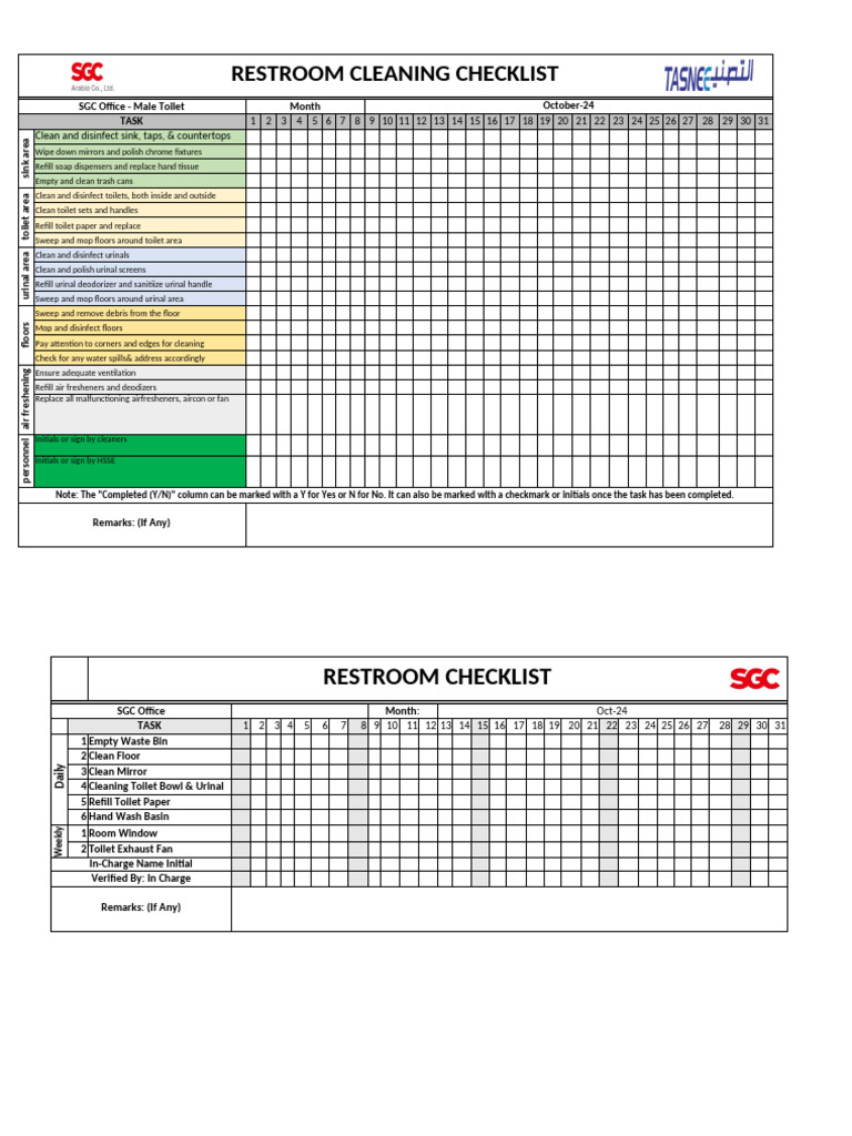 Restroom Cleaning Checklist | PDF | Toilet | Public Toilet