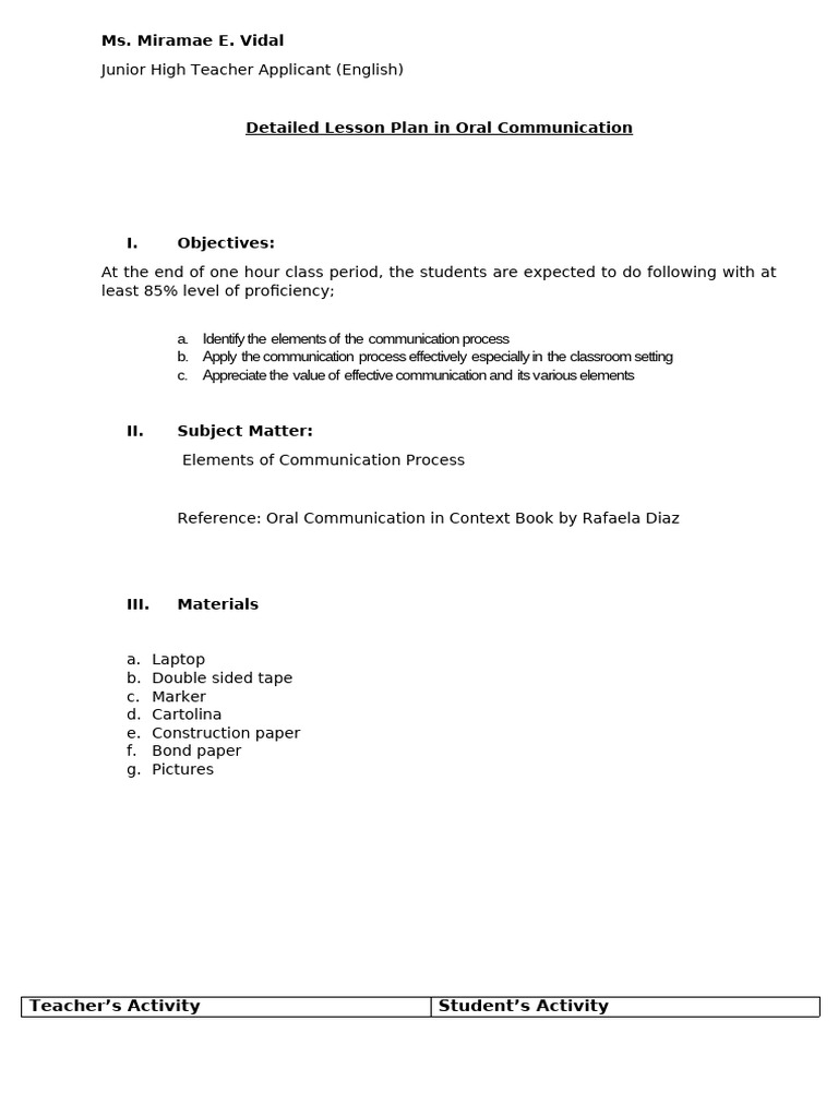 Oral Communication Lesson Plan | PDF | Communication | Learning