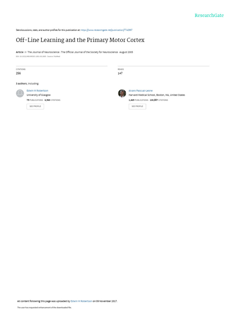 Off-Line Learning and The Primary Motor Cortex | PDF | Memory | Sleep