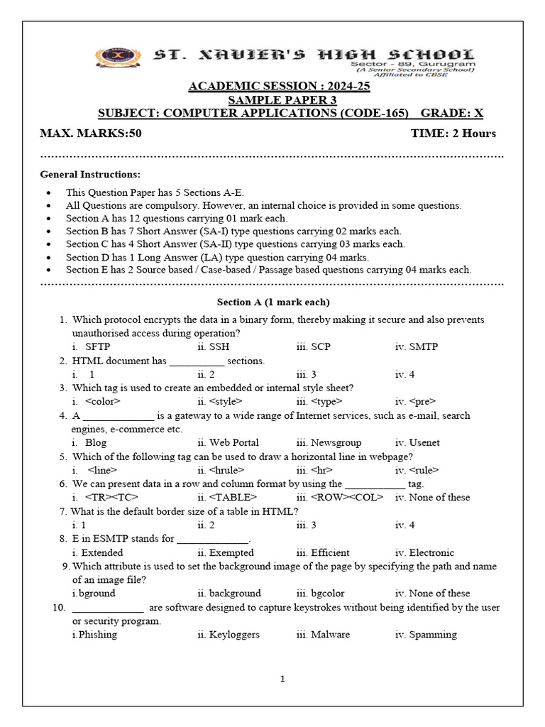 Class 10 Computer Sample Paper 2024 | PDF | Networking Standards ...