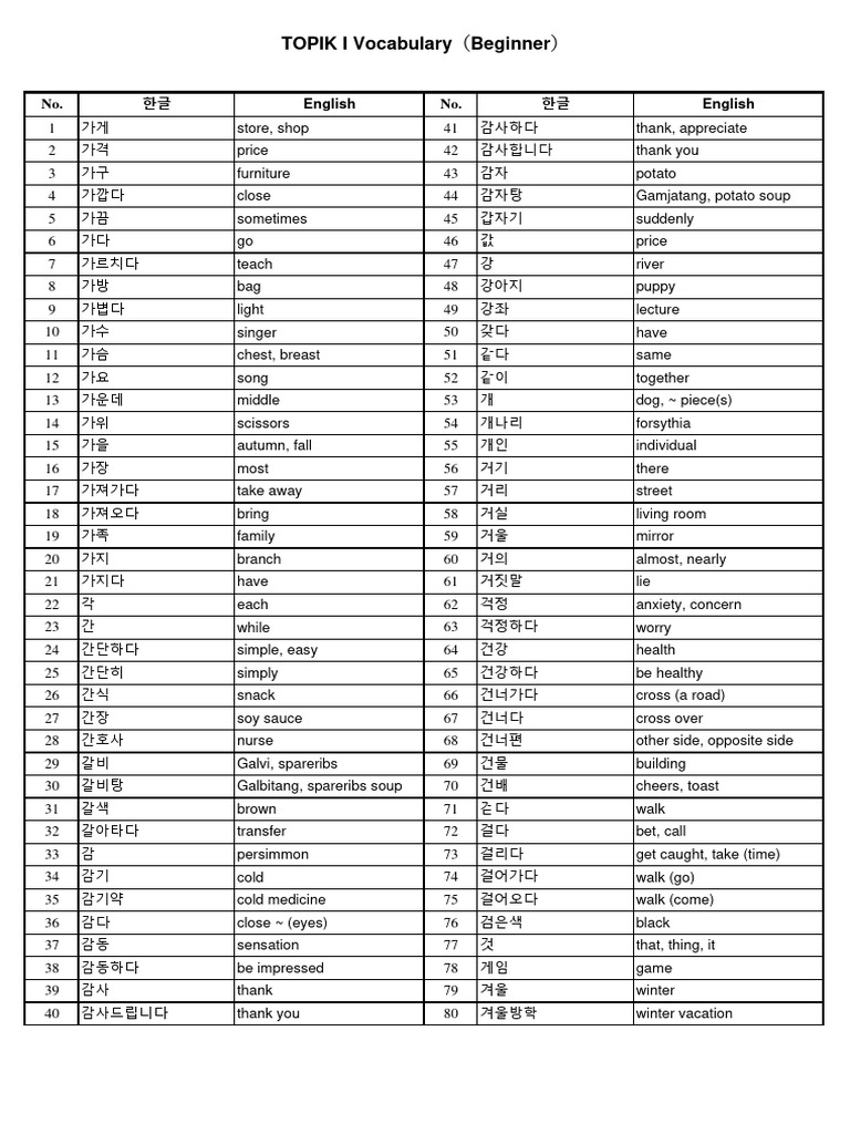 TOPIK-I-160 Vocabs | PDF