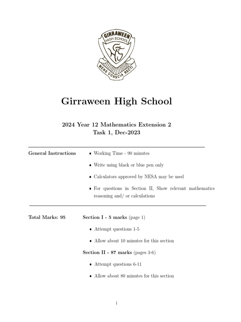 Year 12 Math Extension 2 Task 1 2024 | PDF | Complex Number | Algebra
