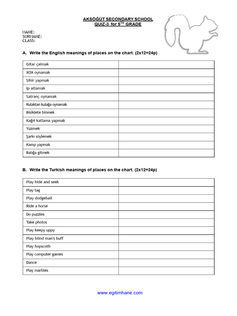 5th Grade English Quiz on Activities | PDF