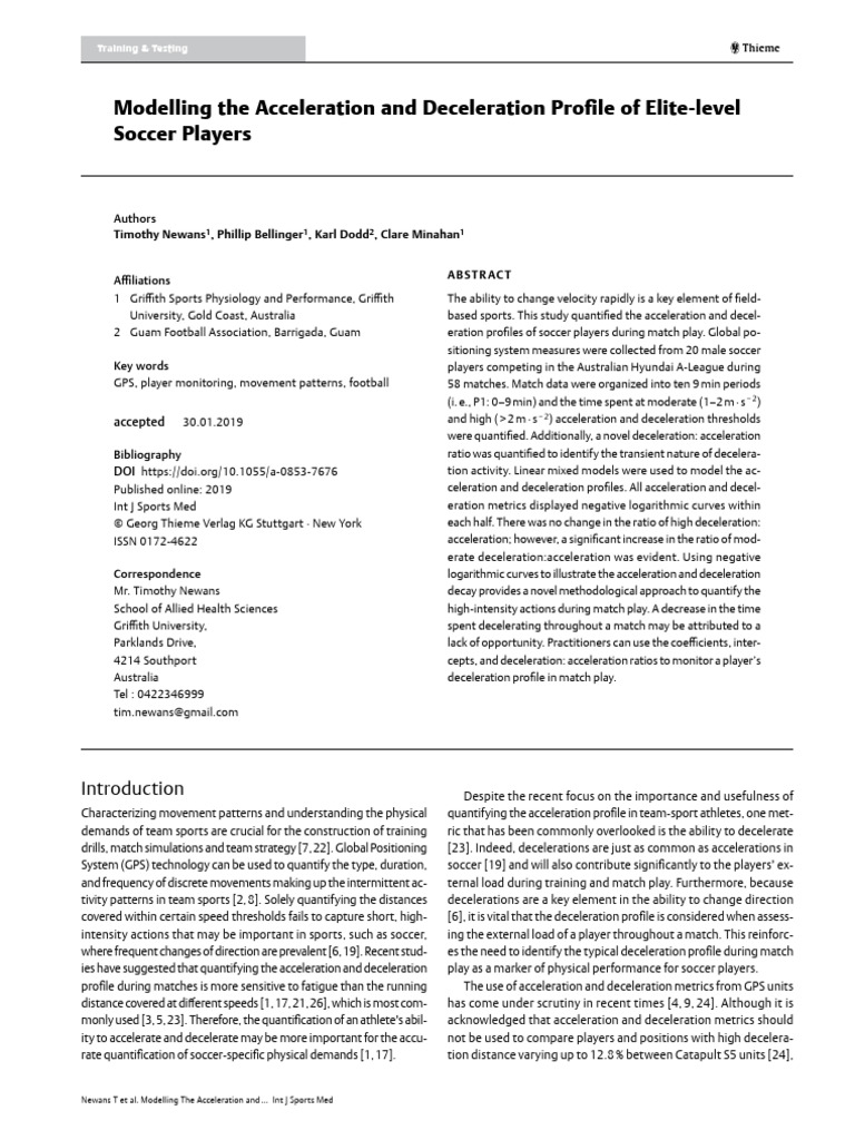 Modelling The Acceleration and Deceleration Profile of Elite-Level ...