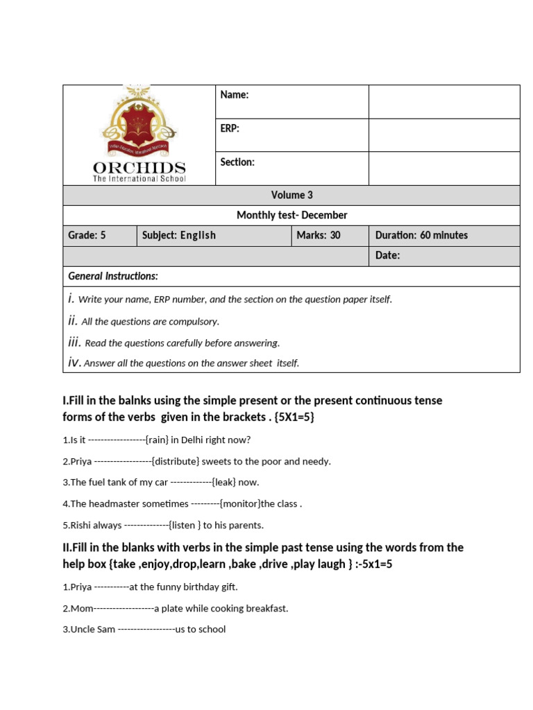 Grade 5 English - Question Paper | PDF