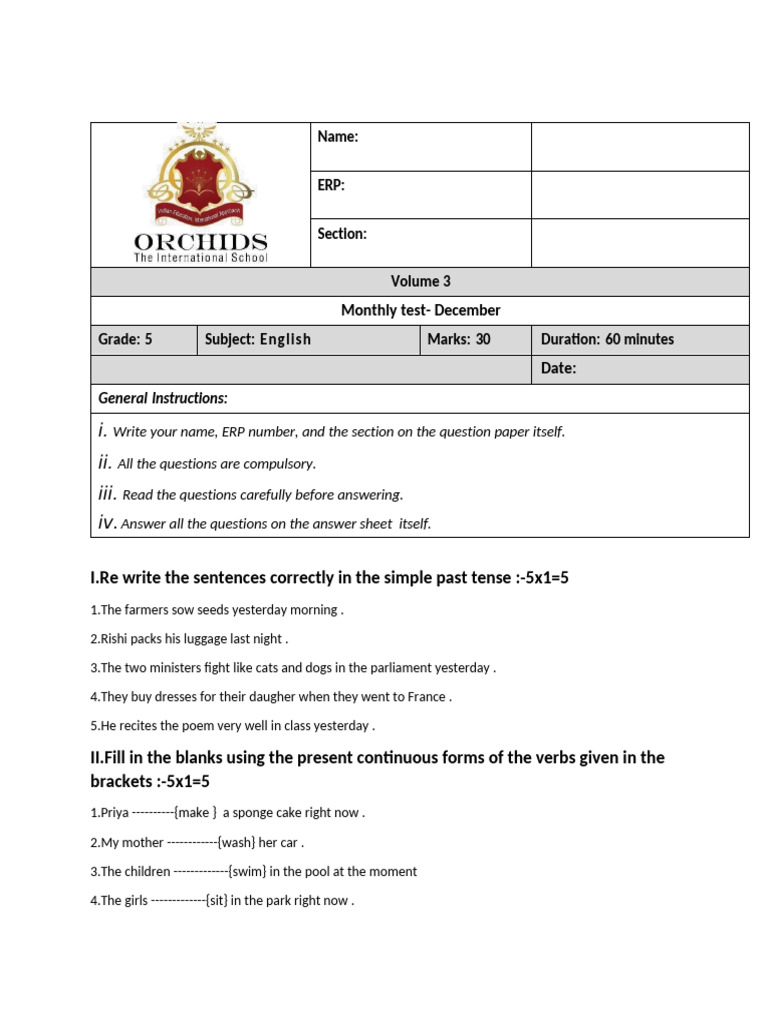 Grade 5 English Monthly Test Paper | PDF