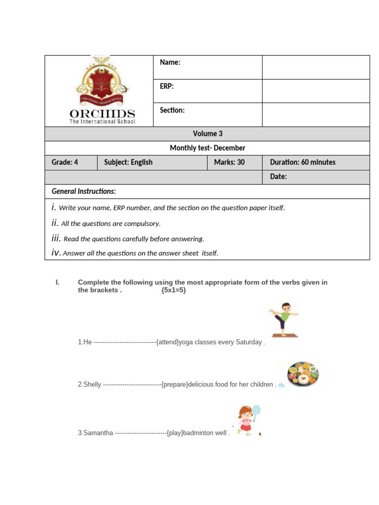 Grade 4 English Question Paper - DEC | PDF