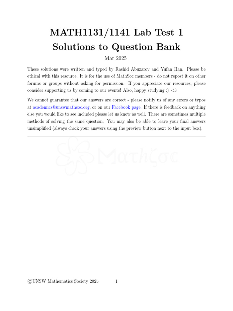 MATH1131 1141 Lab Test 1 2025 | PDF | Function (Mathematics) | Line ...