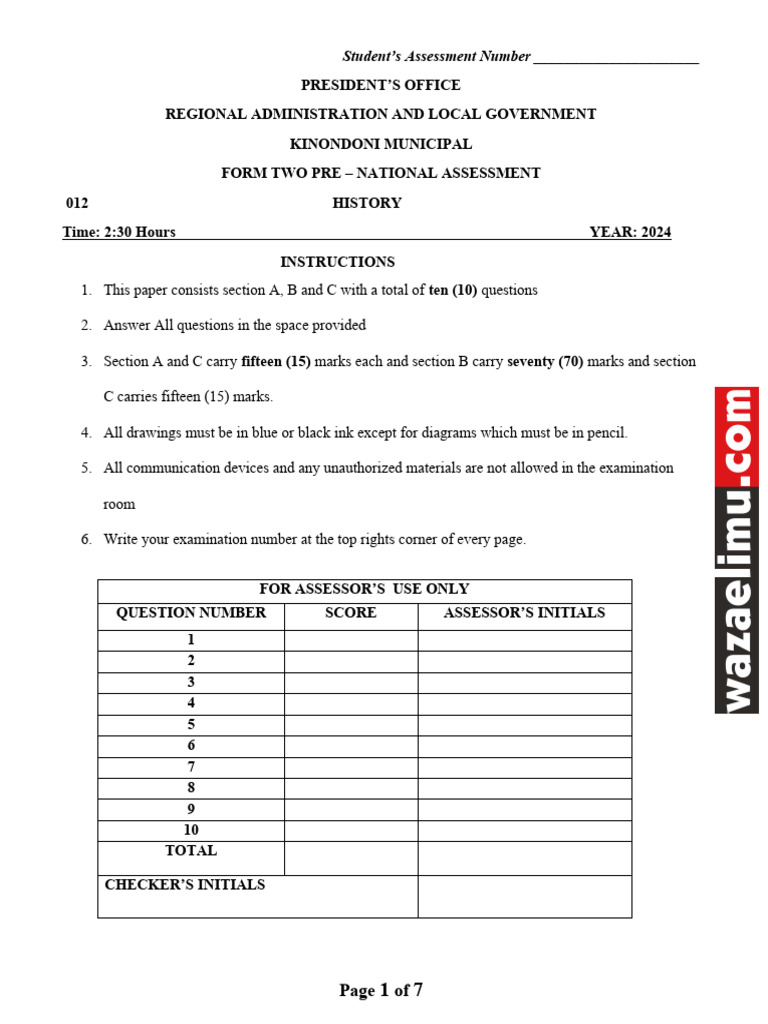 Form Two History Pre-National Assessment | PDF | East Africa | Africa