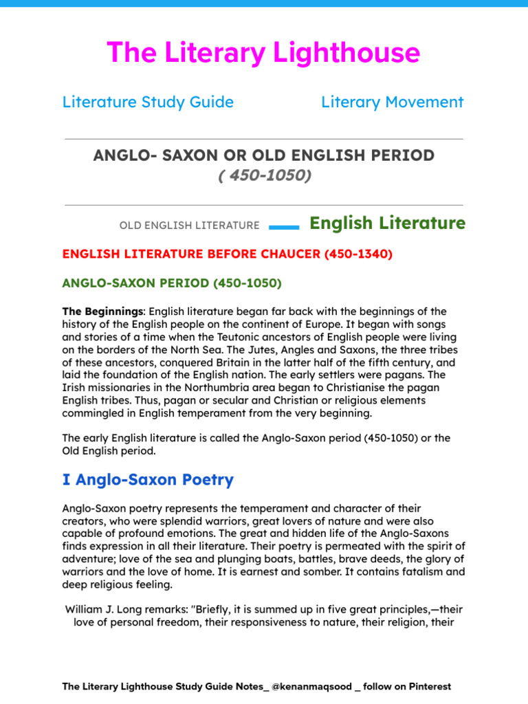 Anglo Saxon or Old English Literature TH | PDF | Beowulf | Poetry