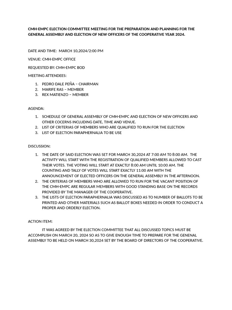 CMH Election Committee Minutes of Meeting | PDF