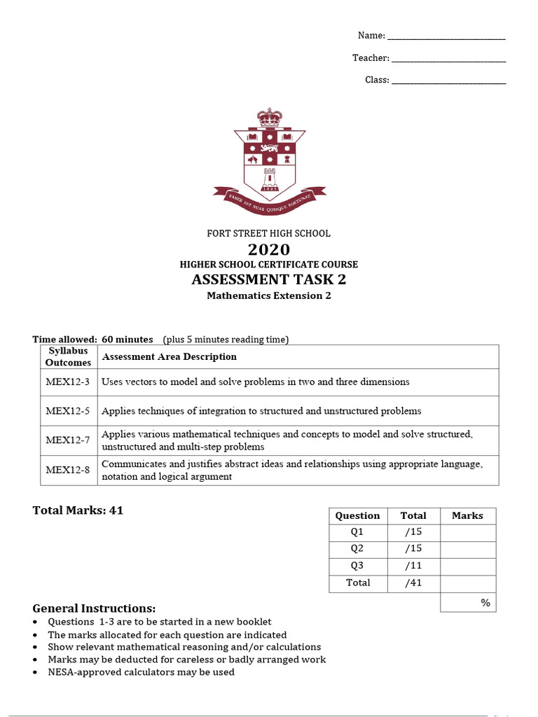 Mathematics Extension 2 Assessment 2020 | PDF | Mathematics