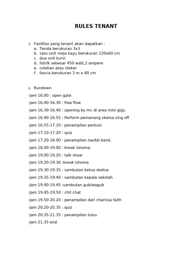 Aturan dan Rundown untuk Tenant Event | PDF