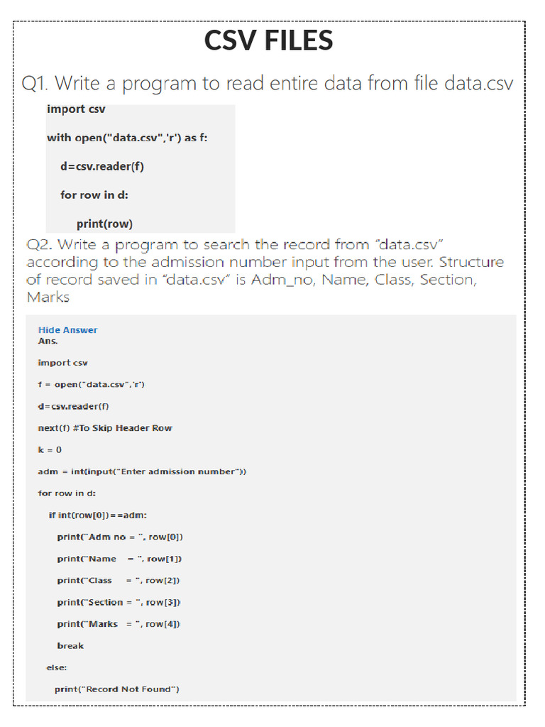CSV QUESTIONS _5 MARKS | PDF