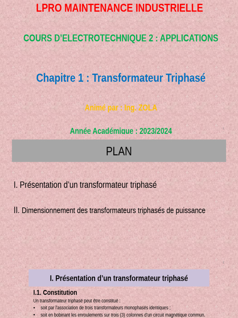 Diapo 1 - Transformateur Triphasé | PDF | Transformateur électrique | Inducteur