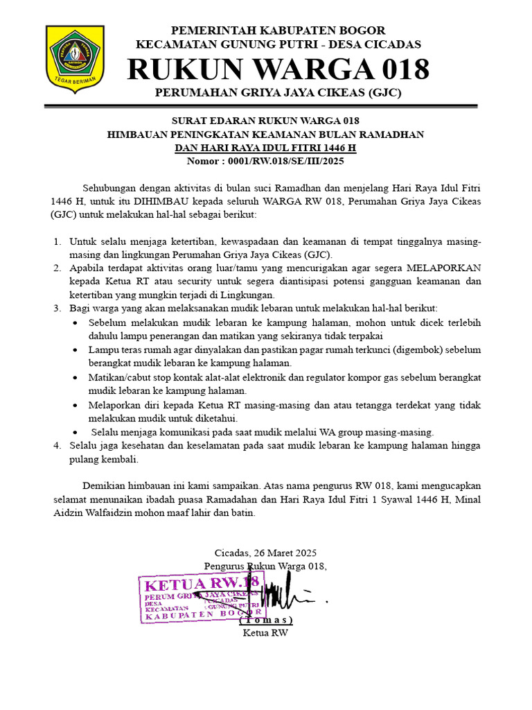 SURAT EDARAN RUKUN WARGA 018 | PDF