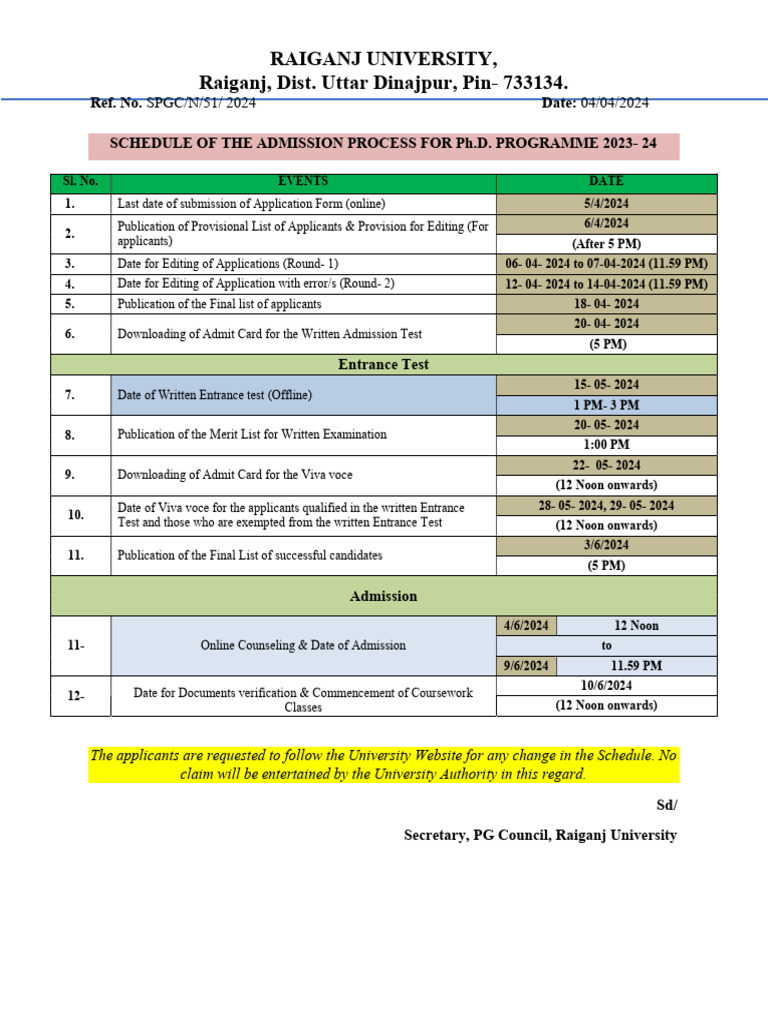 Ph.D. Admission Schedule Final | PDF | Vocational Education | Educational Stages