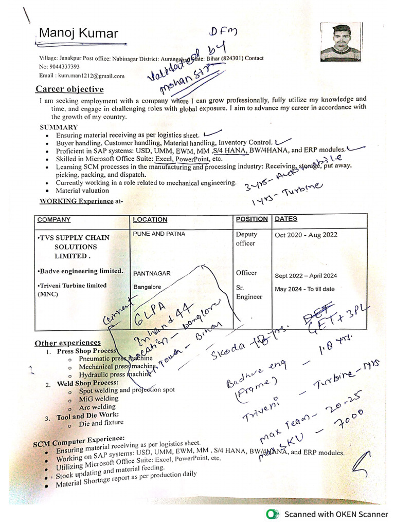 Manoj Kumar DFM CV | PDF