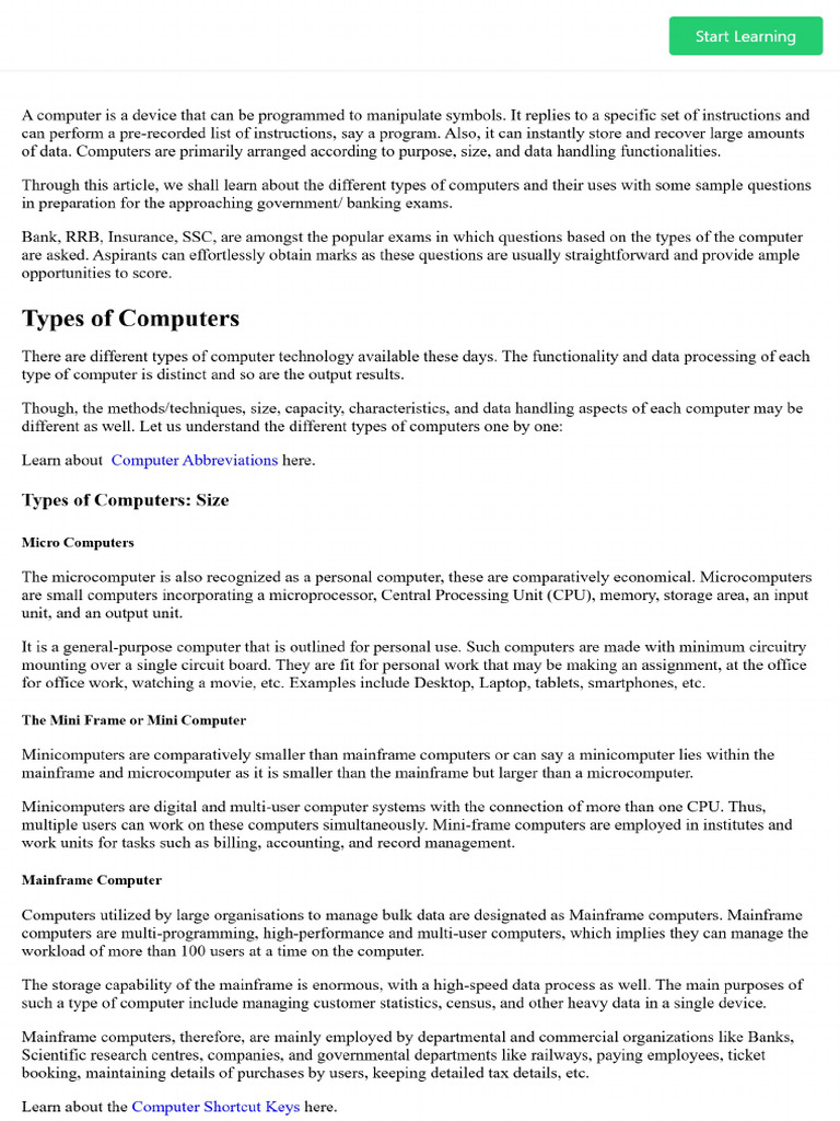 Different Types of Computers_ Size, Purpose & Working Principle | PDF
