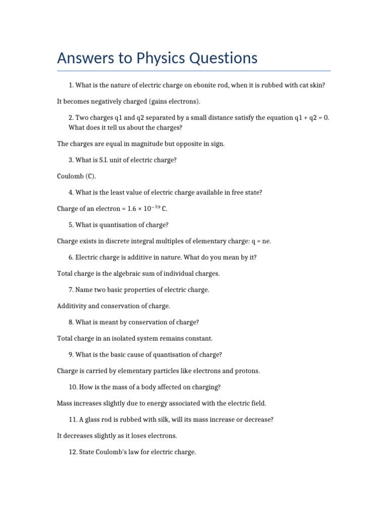 Physics Questions Answers | PDF | Electric Charge | Permittivity