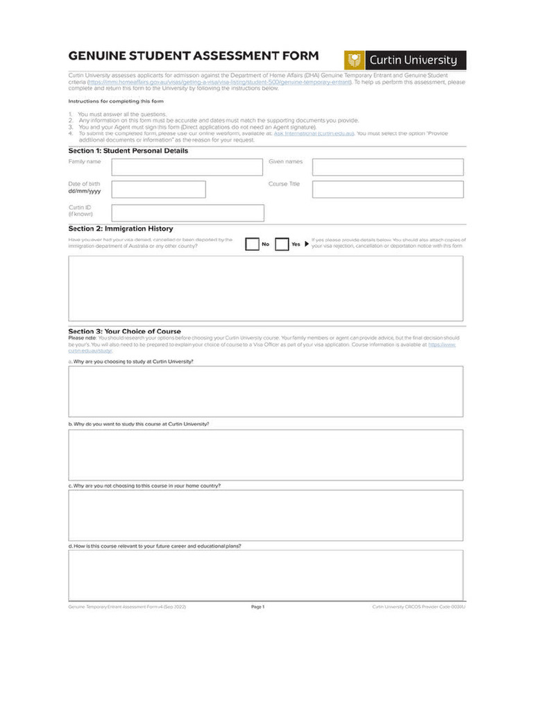 Curtin University - Genuine Student Assessment Form - Page 1 | PDF