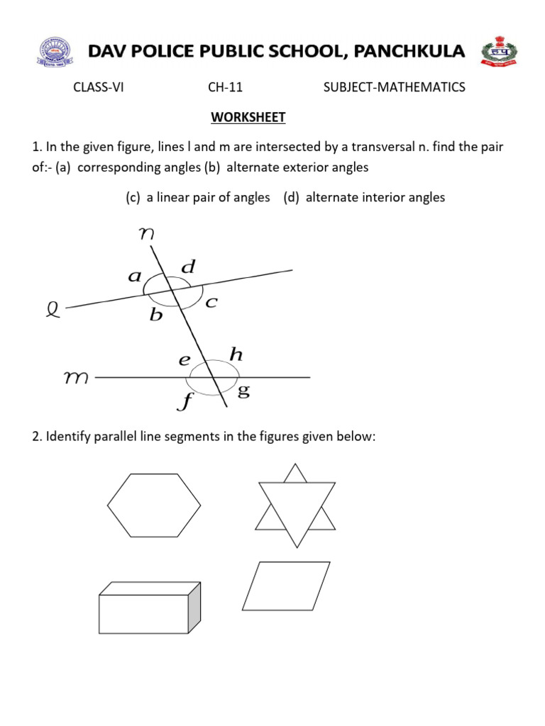 Lines and Angles Worksheet for Class 6 | PDF