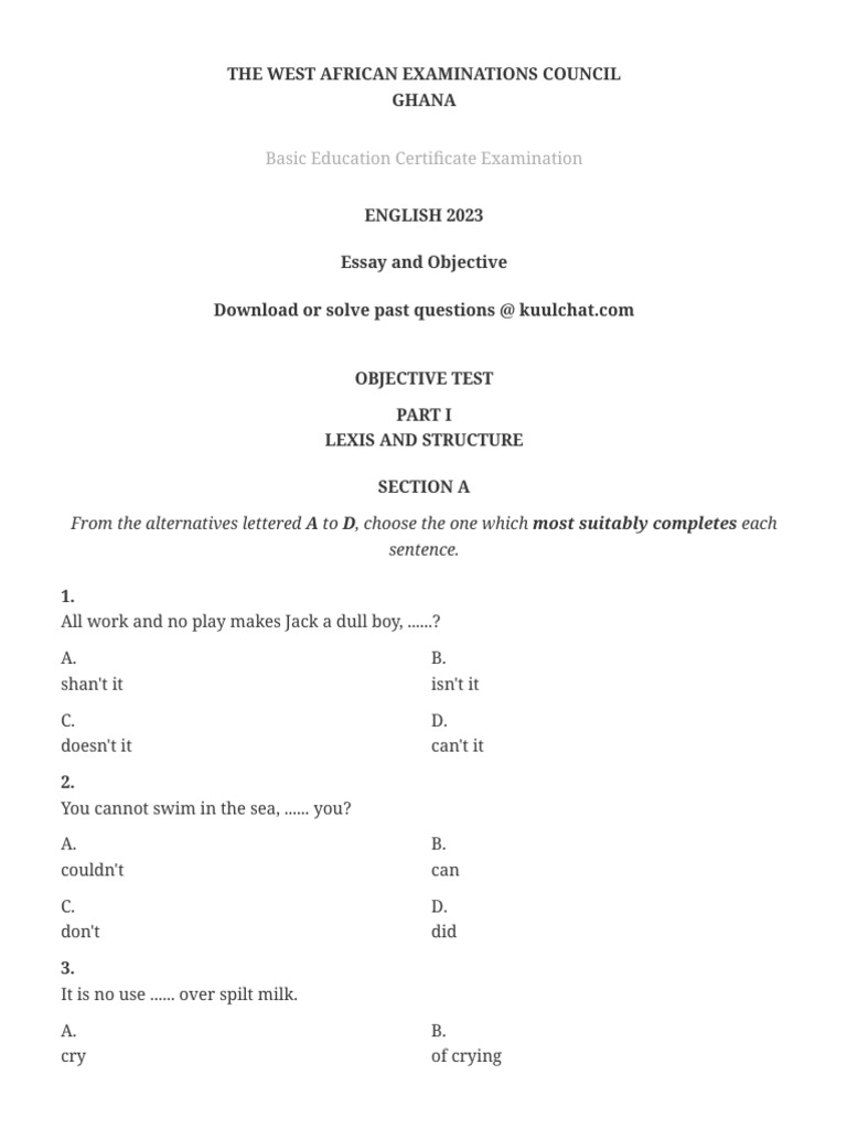 Kuulchat - BECE ENGLISH 2023 - Download B.E.C.E ENGLISH 2023 Past ...