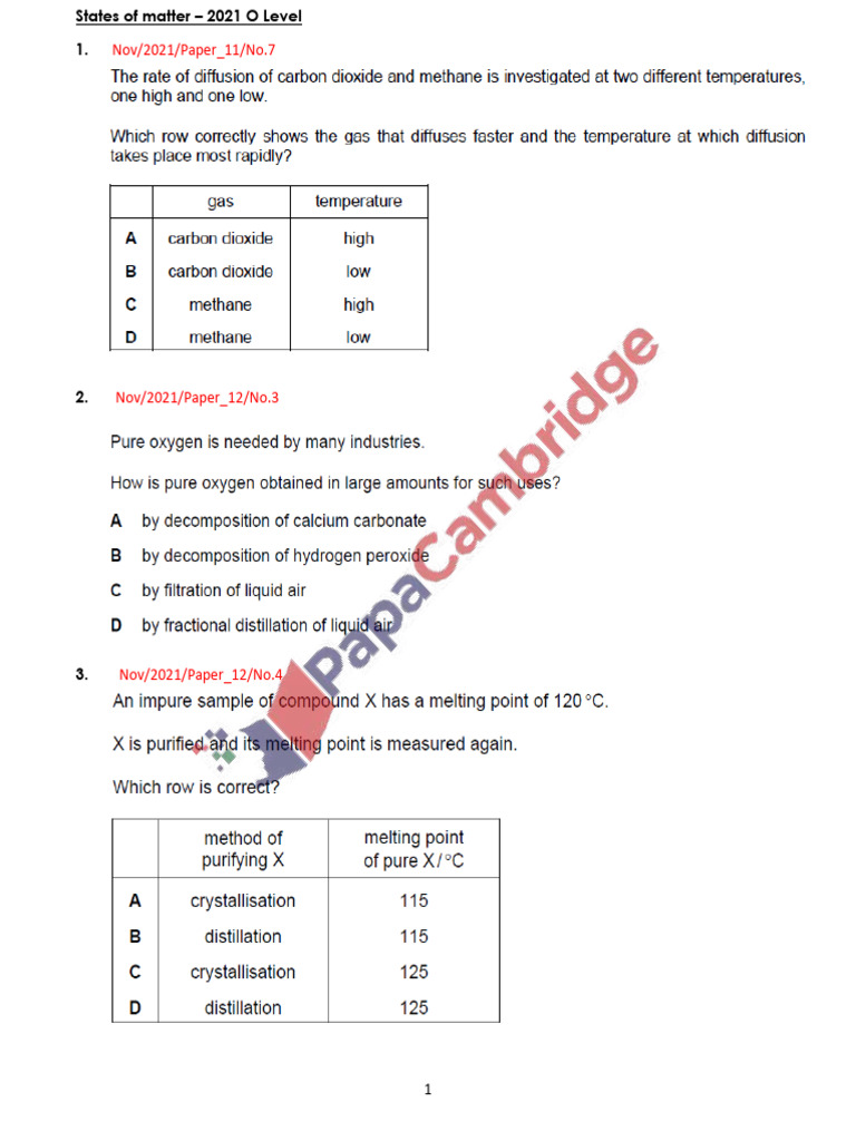 O Level States of Matter Exam Questions | PDF