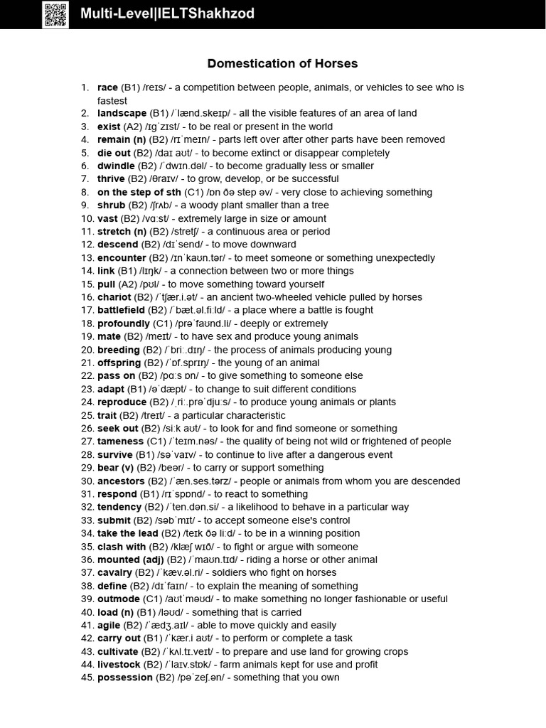 Domestication of Horses (Vocabulary) | PDF