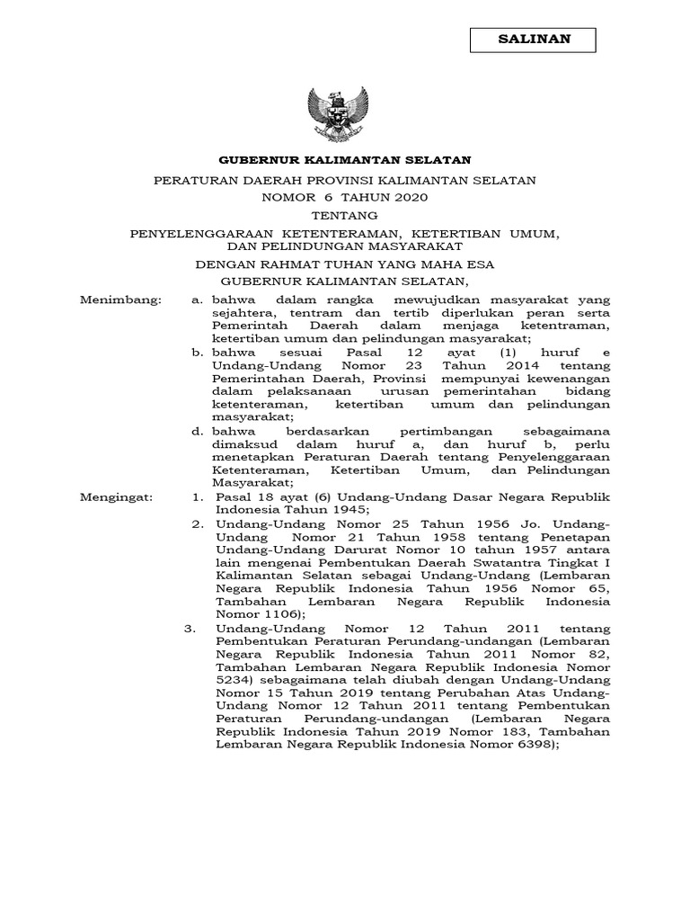 PERDA PROV KALSEL 6 TAHUN 2020 PENYELENGGARAAN KETENTERAMAN, KETERTIBAN ...