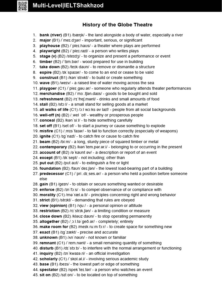 Globe Theatre Vocabulary Guide | PDF