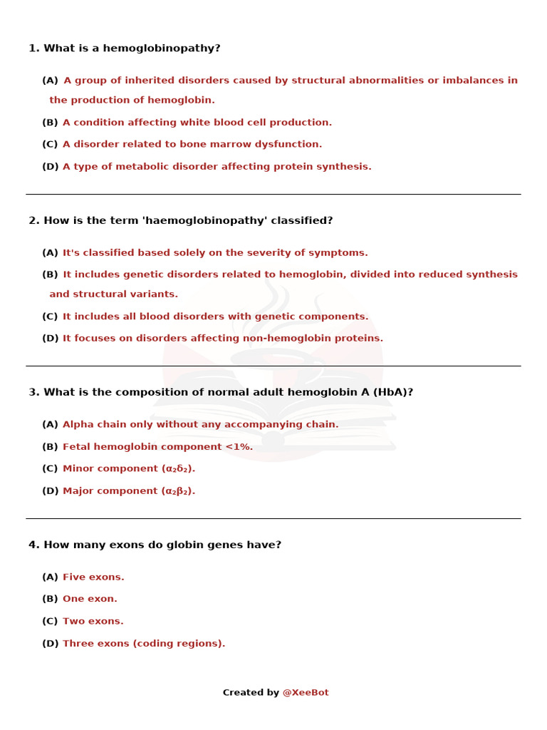 ,,genetic Basis of Hemoglobinopathies - MCQ1 | PDF | Human Diseases And ...