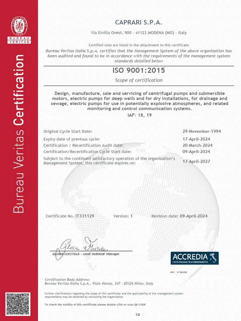 Caprari S.p.A. ISO 9001:2015 Certification | PDF | Regulation