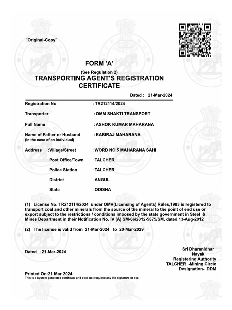 Omm Shakti Transport FORM A | PDF