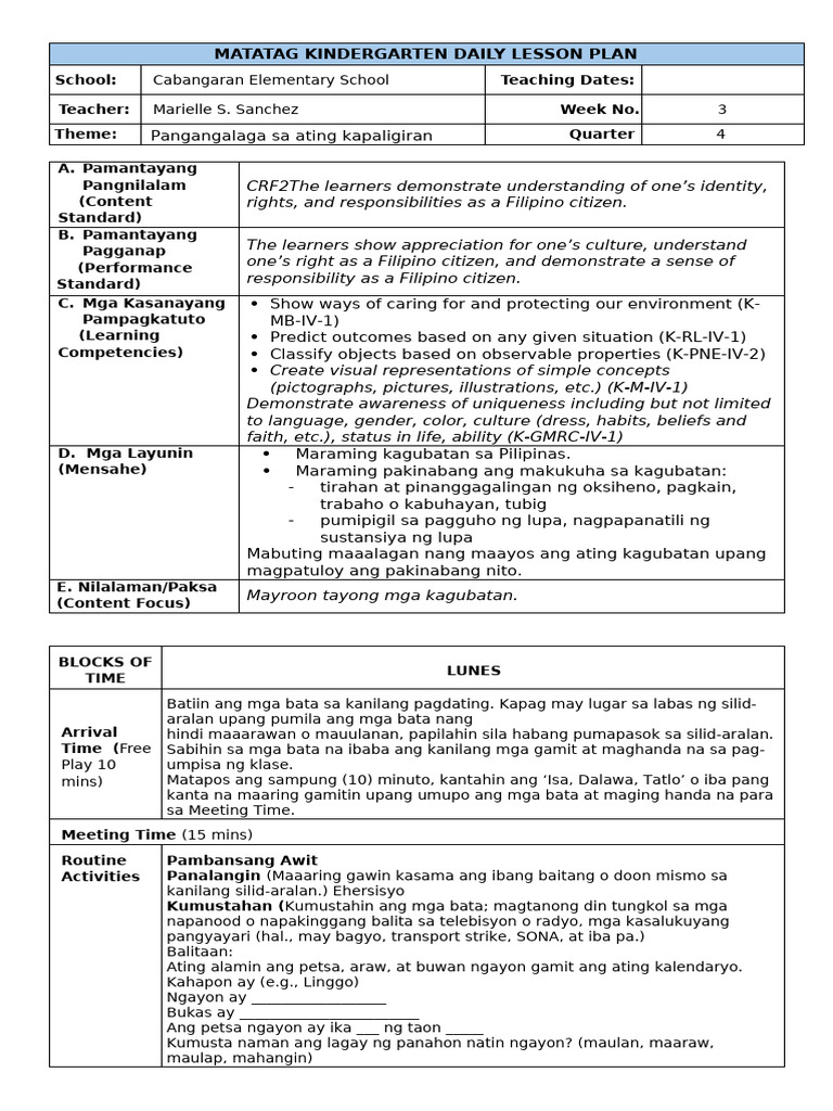 DAILY LESSON PLAN Q4 W3 Kindergarten | PDF