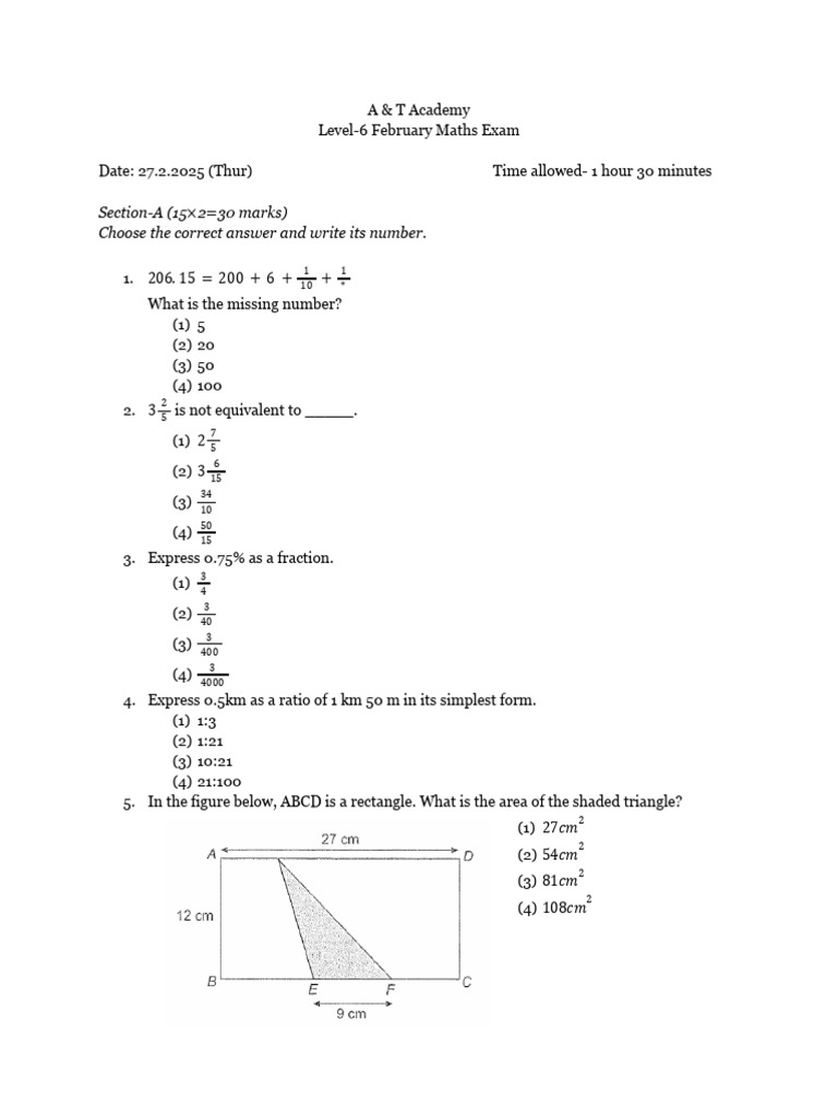 Level-6 Maths Exam Paper 2025 | PDF | Elementary Mathematics ...