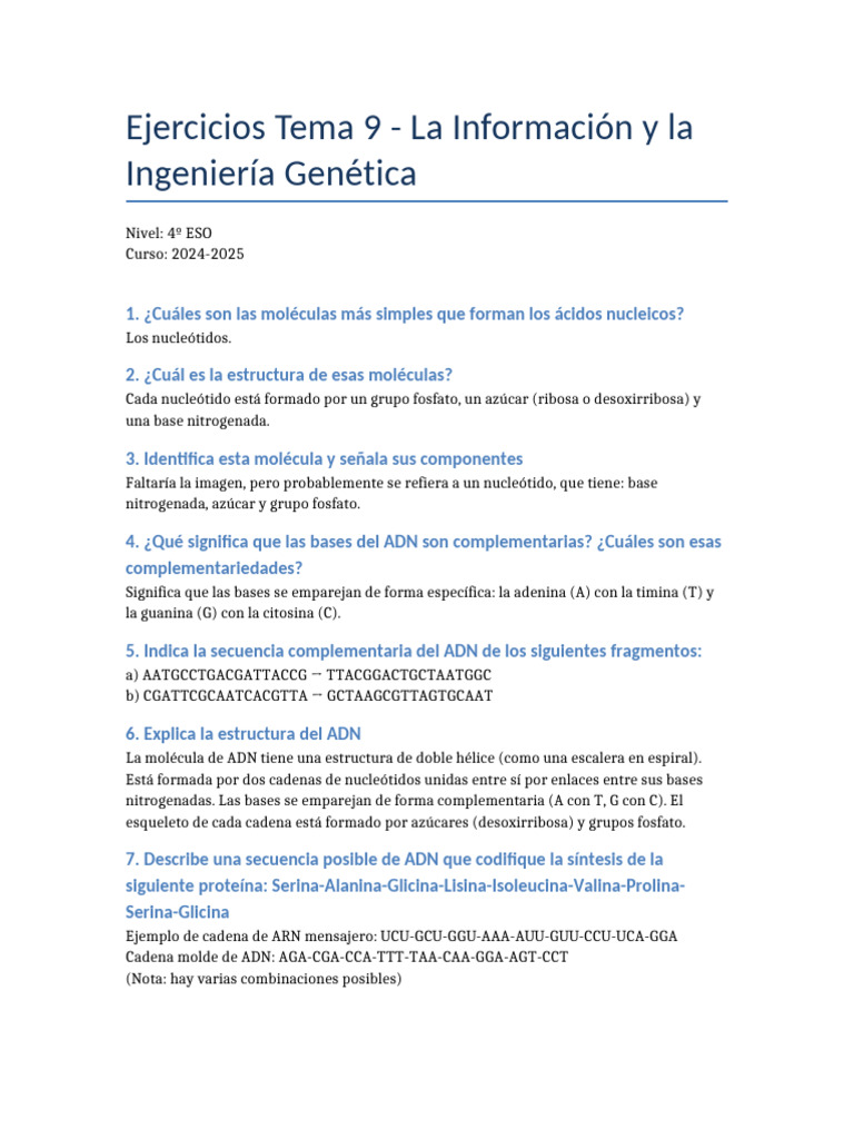 Ejercicios Tema9 Completos | PDF | Adn | Nucleótidos
