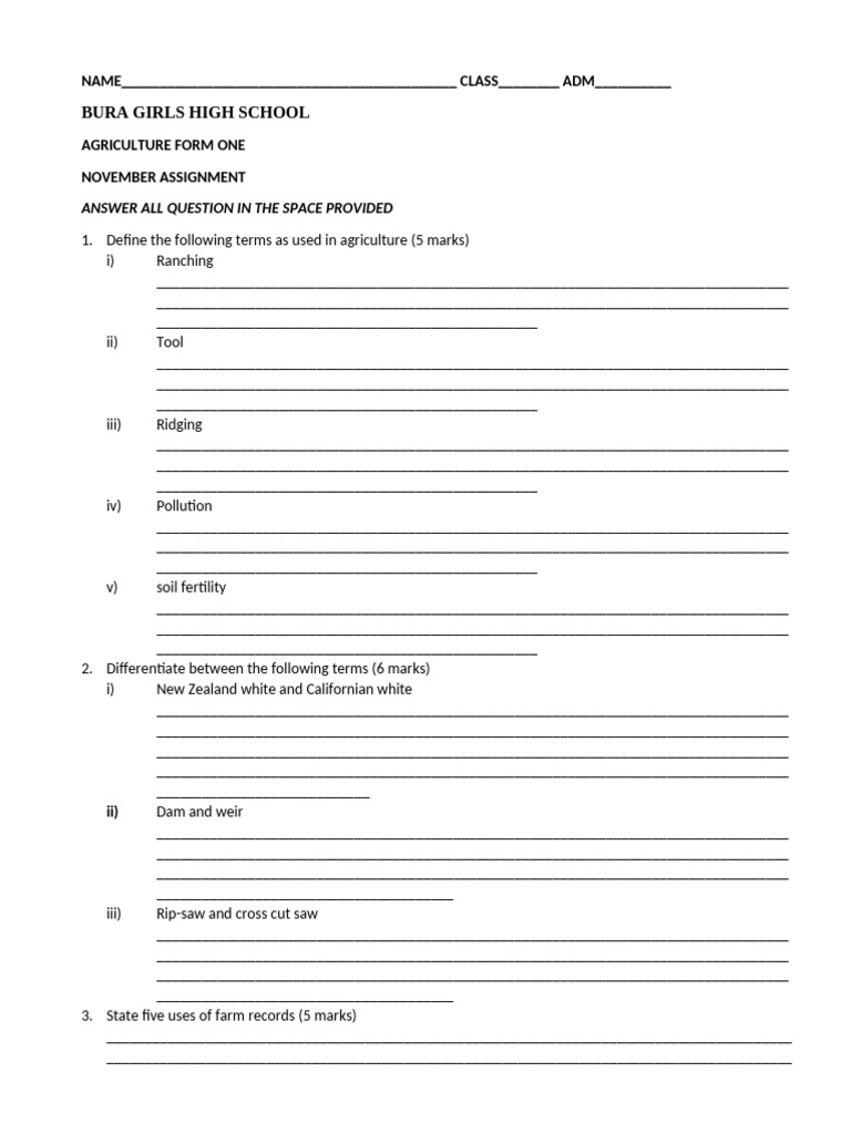Agriculture Form One Assignment Guide | PDF | Acid | Farms