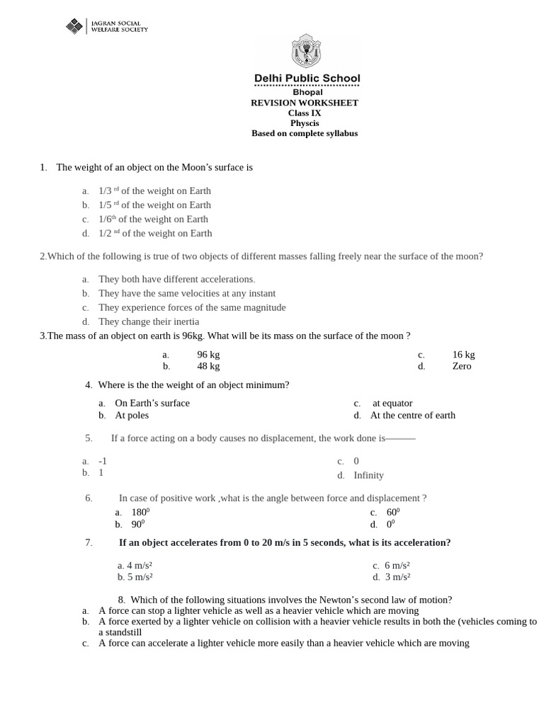 Physics Revision Worksheet Class 9 | PDF | Weight | Force