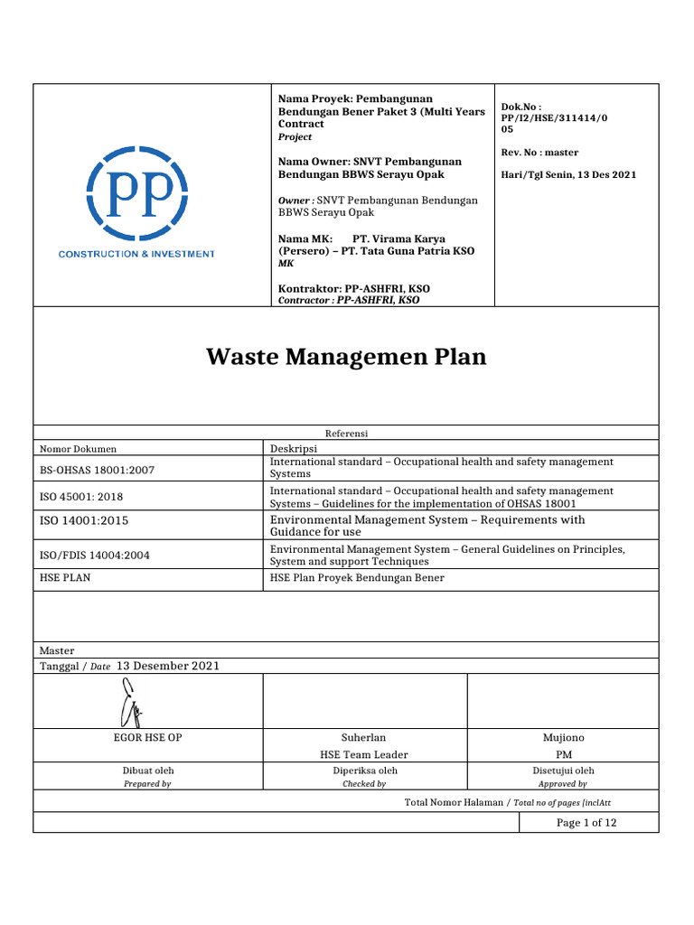 Rencana Pengelolaan Sampah Proyek Bendungan | PDF