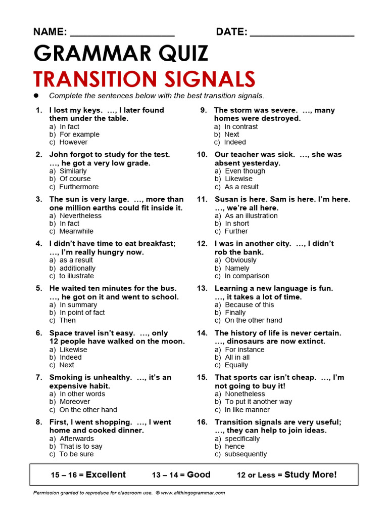 Transition Signals Grammar Quiz | PDF | Mercury (Planet) | Planets