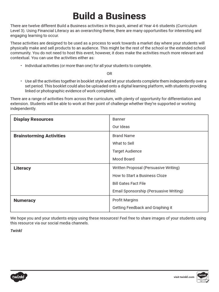 Teacher Guidance - Build A Business Pack | PDF | Communication | Learning