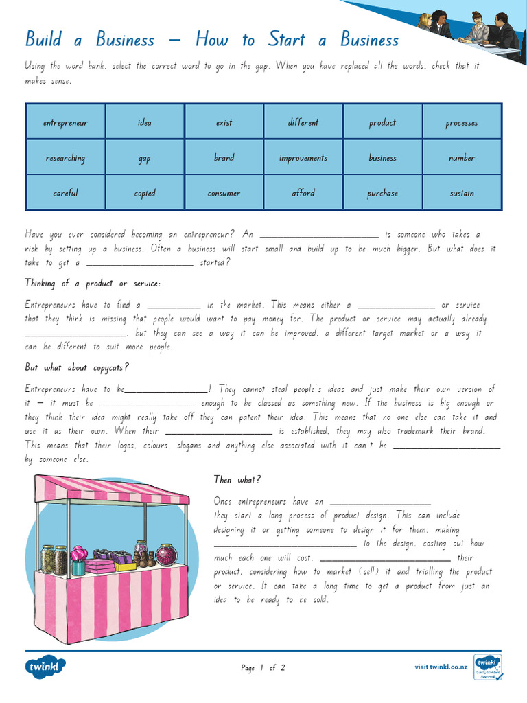 How to Start a Business Cloze Comprehension - Build a Business Pack ...
