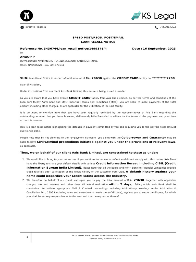 Legal Notice 3436766 XXXXXXXXXX2208 16092023113349 | PDF | Credit ...